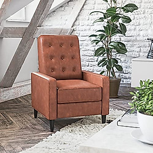 Flash Furniture Erza LeatherSoft Button Tufted Pushback Recliner, Mid-Century Modern Recliner Chair for Residential and Commercial Use, Cognac Brown