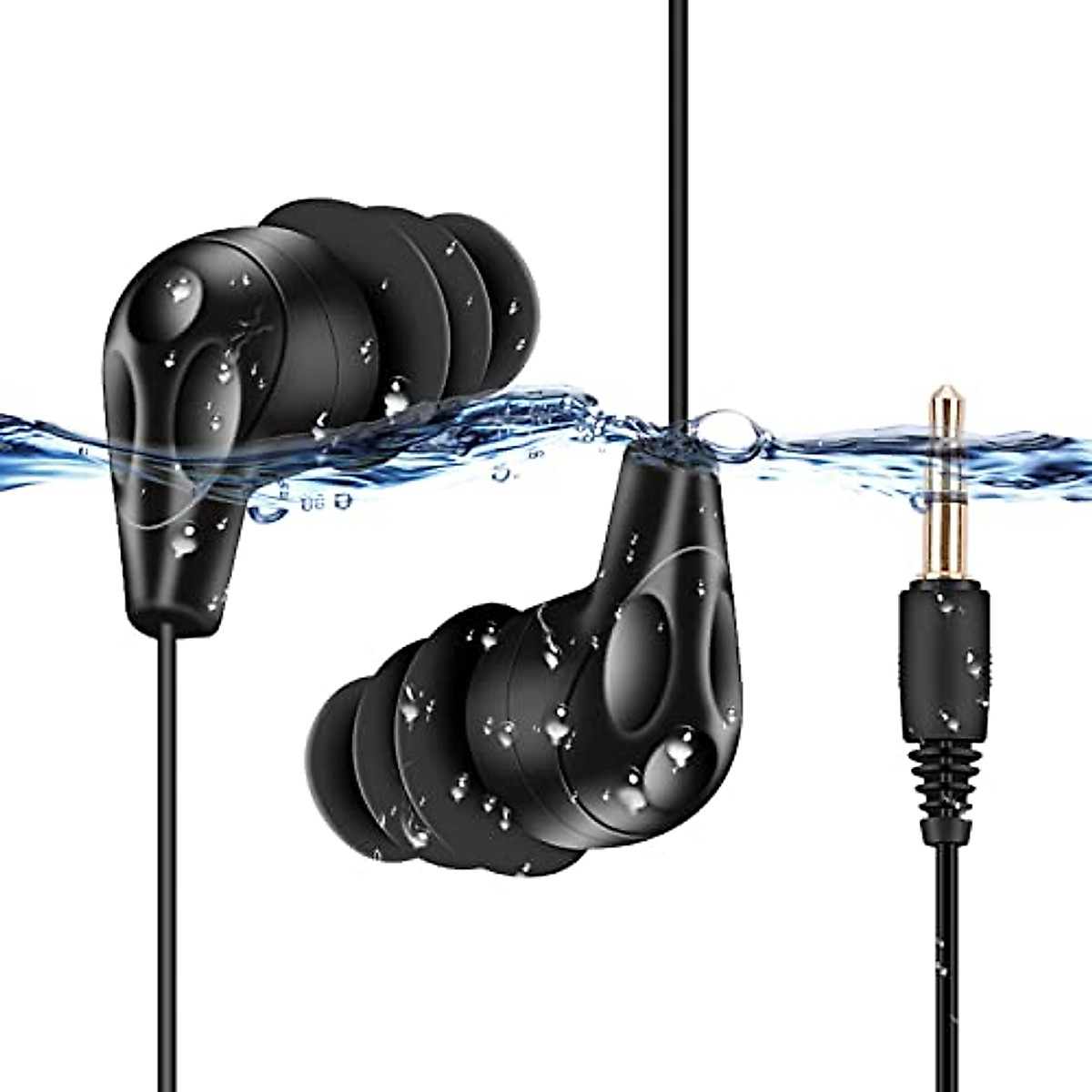 AGPTEK IPX8 Waterproof in-Ear Earphones, Coiled Cable Swimming Earbuds with Stereo Audio Extension Cable, Wired, Black