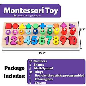 BEKILOLE Wooden Montessori Toys for Kids Toddler Number Puzzles Sorter Counting Shape Stacker Stacking Game Preschool Toys for Boy Girl Learning Education Math Blocks 3+ Year Old Girl Gifts