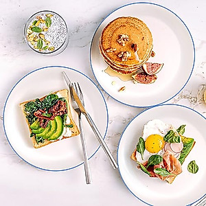 HomeElves Dinner Plates Set of 8, 10.5 inch Opal Glass Plate Set, Lightweight Kitchen White Plates, Break and Chip Resistant, Safety for Microwave & Dishwasher,Blue Rim