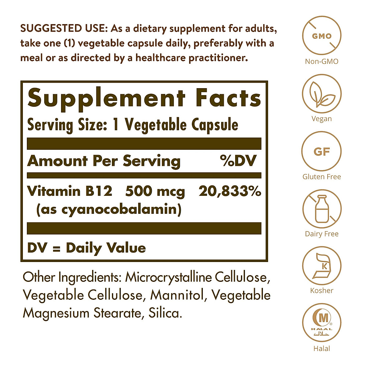 Solgar Vitamin B12 500 mcg Vegetable Capsules, Unflavored, 250 Count