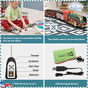 Remote Control Train Set - Electric R/C Train Toy for Kids w/Smokes,Lights & Sound,Railway Kits w/Steam Locomotive Engine,Cargo Cars & Tracks, Christmas Toys for 3 + Year Old Kids