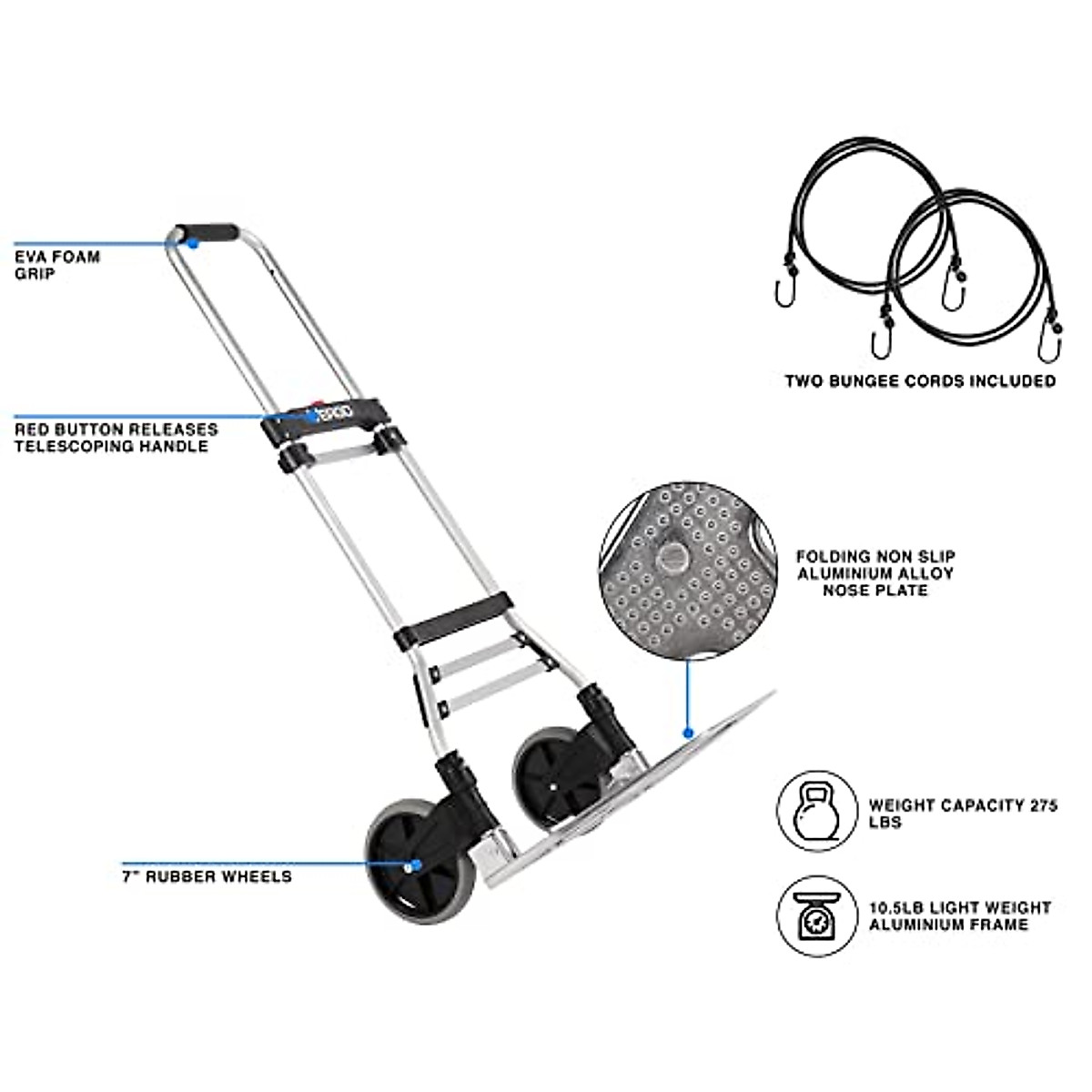 Vergo Industrial Folding Hand Truck - 275 lb. Capacity Dolly Cart - No Assembly Required Hand Cart, Lightweight, Collapsible & Compact, Telescoping Handle Extends to 42.5 Inches
