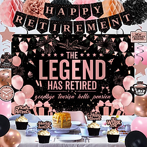 Retirement Party Decorations Women, Rose Gold Black Happy Retirement Decorations Female, Happy Retirement Banner, Retired Backdrop, Balloons, Pompom, Hanging Swirl, Retirement Card, Cake Topper 54pcs