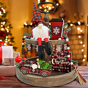 Christmas Tiered Tray Decorations, Christmas Wooden Signs & Gnome Plush Decor Buffalo Plaid 6 PCS for Home Indoor Table, Xmas Tabletop Farmhouse Rustic for Home Kitchen Holiday