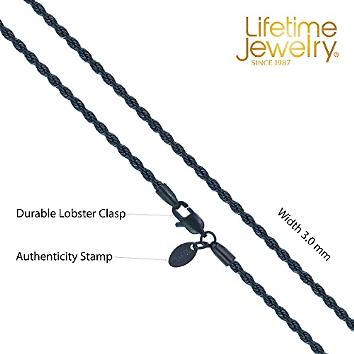 LIFETIME JEWELRY 3mm Rope Chain for Men & Women Diamond Cut Necklaces for Women & Men Necklace 14 to 36 Inch Black | Gunmetal | Stainless Steel (18 inches, Black)