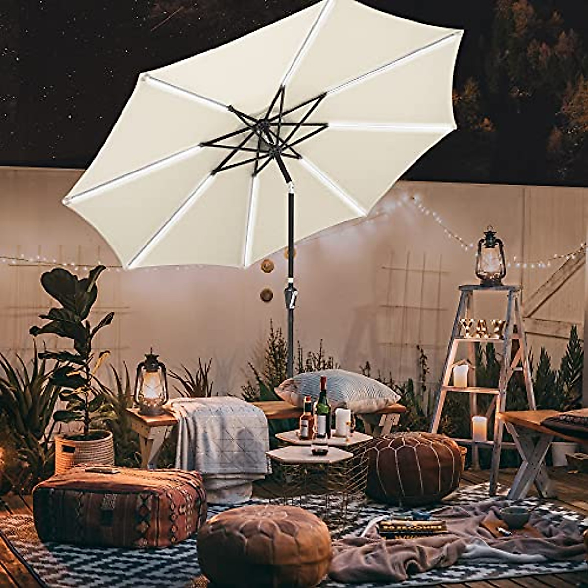 Yescom 10ft Solar LED Lighted Patio Umbrella with Tilt and Crank 8 Ribs Outdoor Market Umbrella for Table Garden Canvas Natural White