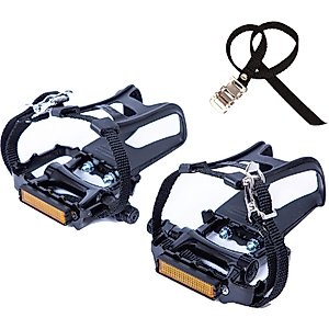 YBEKI Bike Pedals with Clips and Straps, for Exercise Bike, Spin Bike and Outdoor Bicycles, 9/16-Inch Spindle Resin/Alloy Bicycle Pedals, Half Year Warranty (Black)