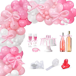 Pink Bow Balloon Arch Kit, 160 Pcs Pink Bow Balloons Garland with Long Balloons and Satin Ribbon for Bow Birthday Decor, Coquette Birthday Decortions, Bridal Shower, Bow Party Decorations