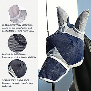 HUIRHUIR Horse Fly Mask Long Nose with Ears UV Protection for Detachable Nose Flap Horse-Navy Blue(XL, Extra Full)