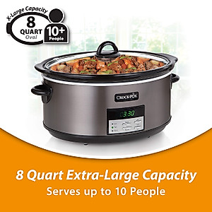 Crockpot 8 Quart Slow Cooker with Auto Warm Setting and Cookbook, Black Stainless Steel