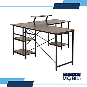 Techni Mobili Office Desk - Reversible L Shaped Desk with Storage Shelves, Monitor Stand & Accessory Holder - Ergonomic & Industrial Workstation Corner Table with Durable Steel Frame, Walnut