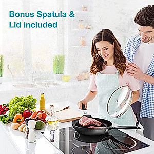 Nonstick Frying Pan - Kitchen Cookware Set 10” Hard Anodized Skillet, Lid and Silicone Spatula - Egg Pan - Non Stick Frying Pans for Cooking - Gas, Electric, Oven or Induction Cookware Kitchen