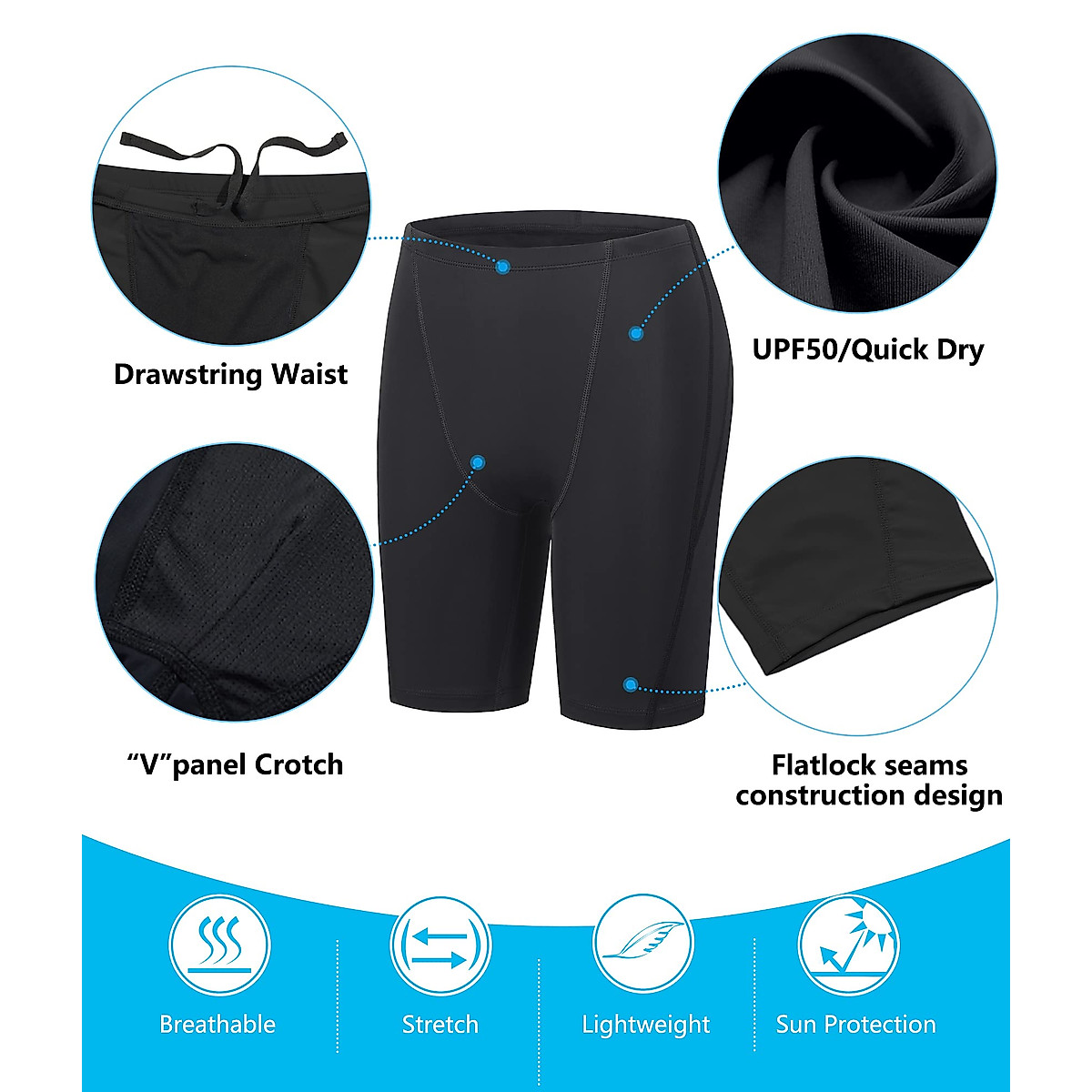 Fiteng Men's Swim Jammers Competitive Athletic Swim Team Suit Training Endurance Racing Quick Dry Swimming Shorts UPF 50 Black