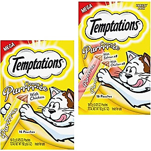 Temptations Creamy Puree Lickable Cat Treats - 32 Pouches Squeezable Cat Topper Snacks Variety Bundle 2 Pack (Chicken & Salmon 0.425 Each Pouch)