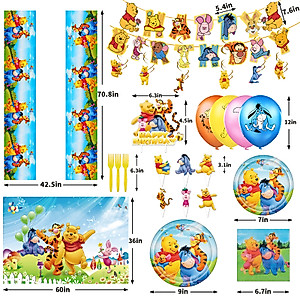 Winnie The Pooh Birthday Party Supplies, Include Banner, Background, Hanging Swirls Decorations, Latex Balloons, Plates, Cutlery, Napkins,Great Birthday and Baby Shower Tableware and Decorations Set