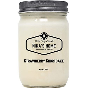 Nika's Home Strawberry Shortcake, Soy Candle 12oz Mason Jar Non-Toxic White Soy Candle-Hand Poured Handmade, Long Burning 50-60 Hours Highly Scented All Natural, Valentines Day Gifts