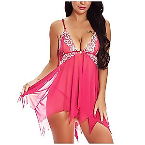 Aniywn Women's Sexy Lace Lingerie Front Closure Babydoll V Neck Mesh Lingerie Nightwear Sexy Chemise Sleepwear Watermelon Red