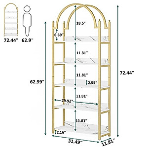 Tribesigns 5-Shelf Gold Etagere Bookcase, Modern Metal Open Arched Bookshelf, 72 Inches Tall Gold Shelves for Living Room, Bedroom(1, White+Gold)