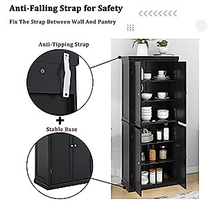 P PURLOVE 72.4" H Kitchen Pantry Cabinet with 4 Doors and Adjustable Shelves, Freestanding Tall Kitchen Pantry with 6-Tier Storage Space (Black)