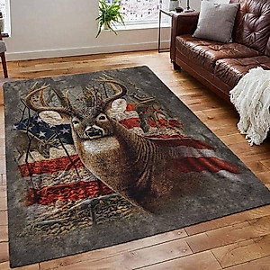 Deer Rug in Style Rustic, Super Soft Indoor Area Rug, Deer Camouflage American Flag Hunting Rug, Multi Color Modern Floor Carpet Great for Living Room Bedroom, Bath Room, Cabin Nursery Rug 03