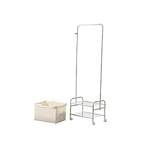 Hall tree Rack on wheels ,3 sections Laundry Cart on Entrance with shoe Storage Frames, top metal Garment Hanger rob, a removable Laundry Bag for organiser or storage,metal coat rack (white)