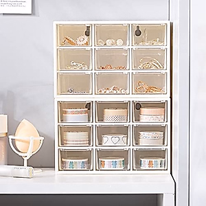 HMIEPRS Mini Plastic Storage Organizer and Cute Stickers, Mini Drawer Organizer with 9 Craft Cases, Desktop Organizer Clear Acrylic Storage Box for Handmade Accessories or Sundries (White)