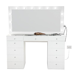 Boahaus Orla Modern Makeup Vanity Desk with Light Bulbs Built-in, USB Port and Power Outlet, 11 Drawers, Hollywood Vanity Mirror, Glam Glass Top Vanity, Crystal Ball Knobs, Big Vanity for Bedroom