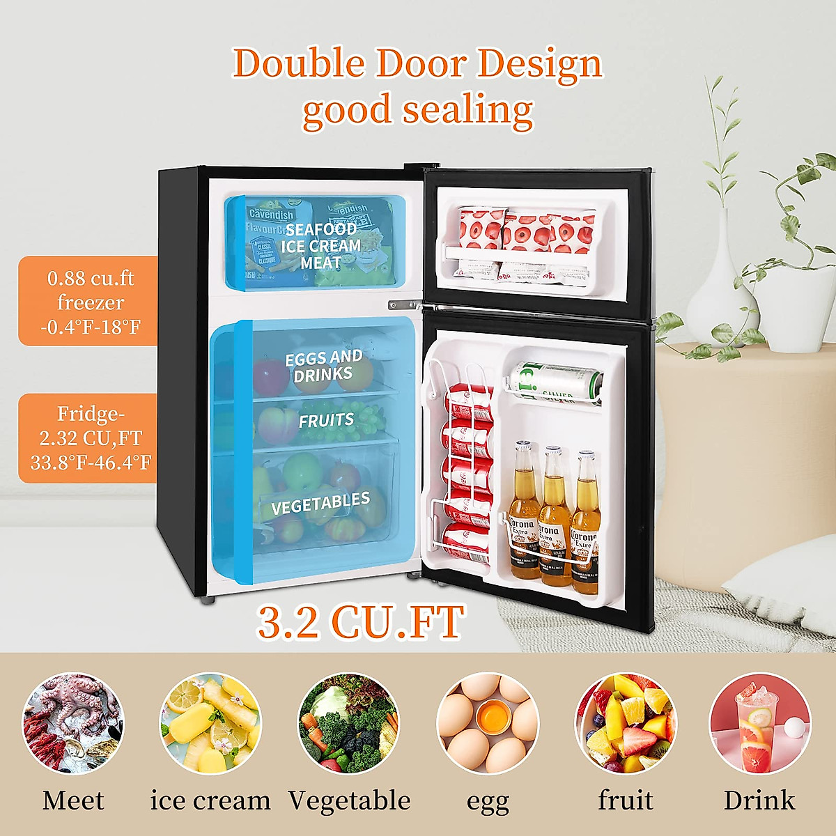 Kndko Compact Refrigerator 3.2 CU.FT. Fridge with Freezer - Dual Door Fridge - Adjustable Temperature, Energy Saving - Retro Refrigerator (Black)