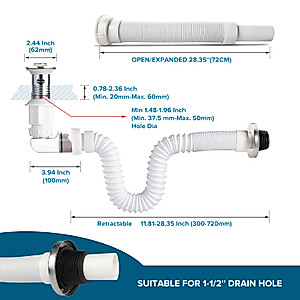 JEAPHA 2 in 1 Bathroom Sink Drain Kit with Flexible & Expandable P-trap pipe for bathroom sinks, Pop Up Drain for 1-1/2'' Drain Hole Extension Hose Tail Pipe, Fits Overflow or No Overflow Vessel Sink