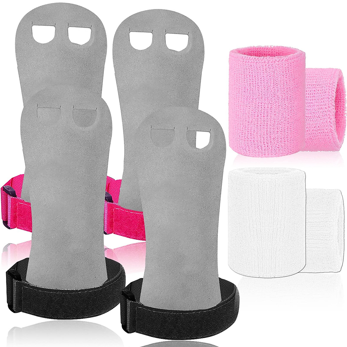 Amrta Gymnastics Grips Wristbands Sets for Girls Youth Kids 2 Pair Palm Protection Equipment with Wrist Support, Gymnastic Bar Grip Gloves Set Weightlifting Sports Workout (M, Pink-Black)