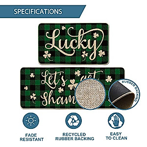 Artoid Mode Green Buffalo Plaid Let's Get Shamrock Lucky Clover Kitchen Mats Set of 2, Seasonal St. Patrick's Day Anniversary Holiday Decorations for Home Kitchen - 17 x 29 Inch and 17x47 Inch