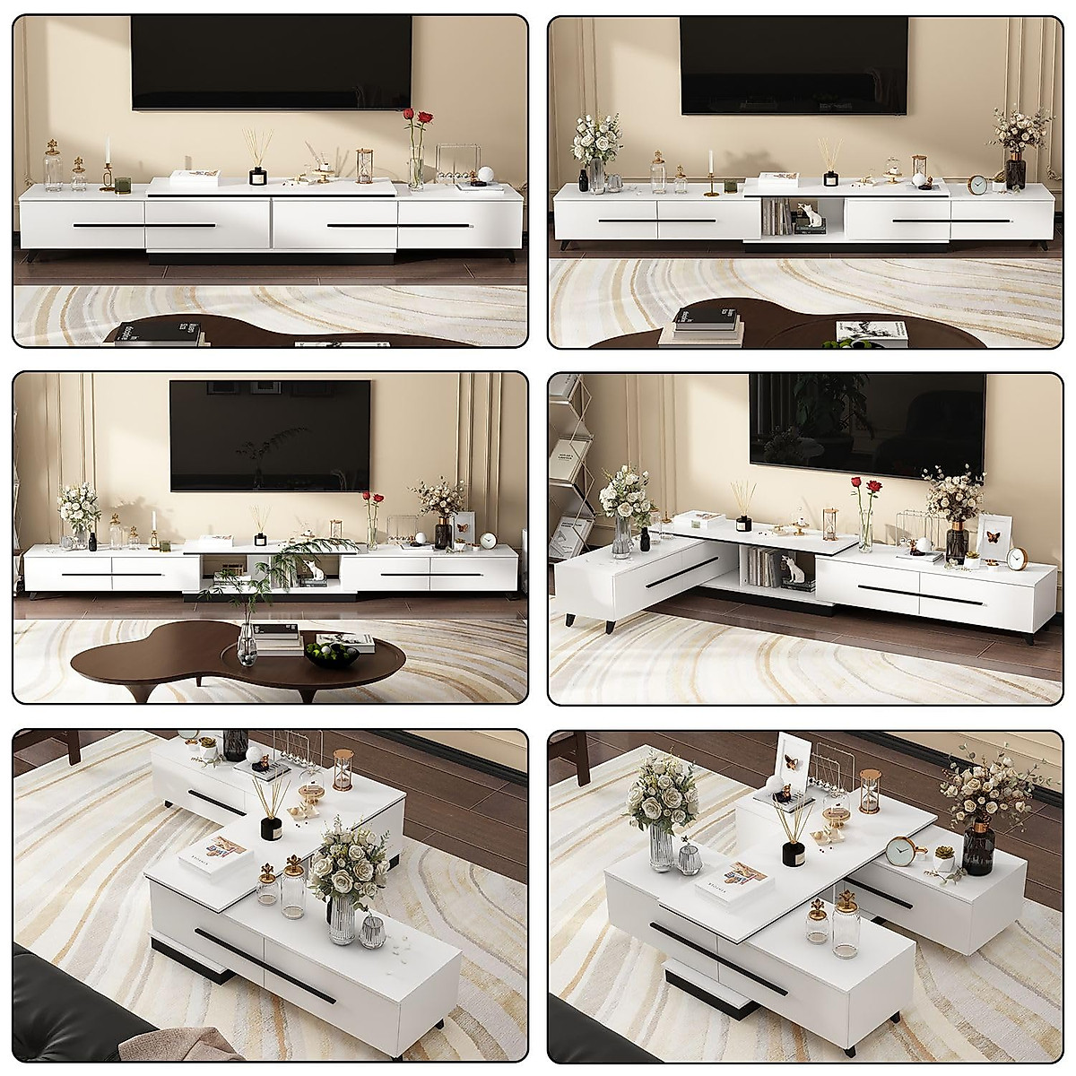 FAMAPY Modern TV Console Extendable Media Console, Adjustable Length, Contemporary Entertainment Center with Drawers and Legs, for Living Room White and Black (95”-133.9”W x 15.2”D x 13.1”H)