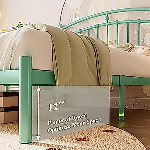Feonase Twin Size Metal Platform Bed Frame with Retro Headboard, Hardened Steel Tube, 12" Under-Bed Storage, No Box Spring Needed, Easy Assembly, Mint Green