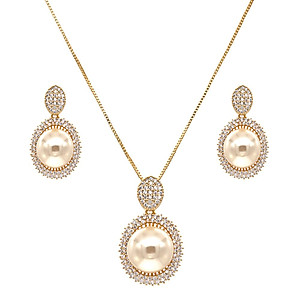 Lavencious Oval Dangle Jewelry Set Cream Color Pearl Necklace & Earrings Trendy AAA Cubic Zirconia Gold Plated For Women (Gold)