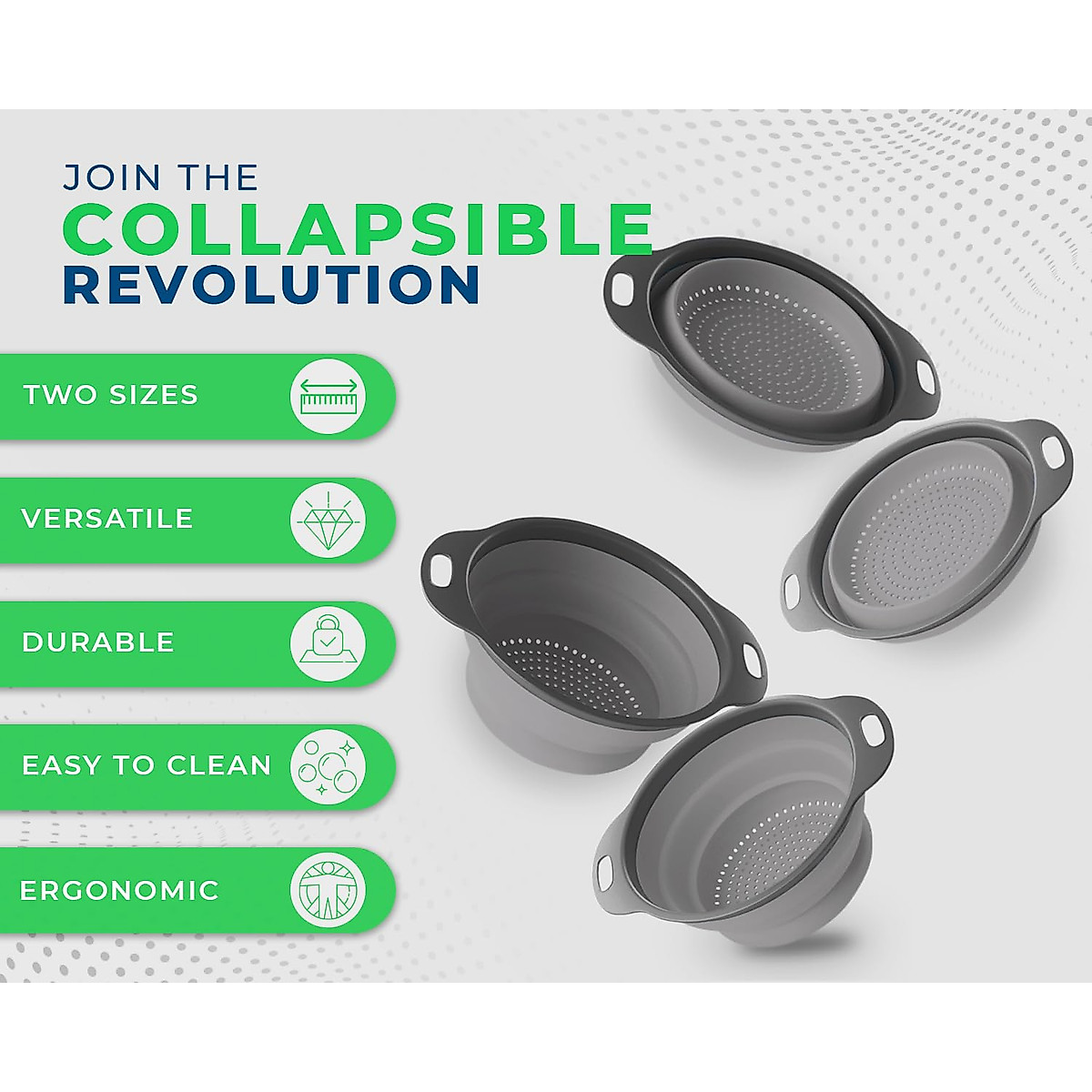 Ultimate Kitchen Strainers Set of 2 - Collapsible Silicone Colanders For Easy Storage by Comfify - Use with Pasta & Veggies or as a Fruit or Berry Bowl with Strainer - Irreplaceable for Campers - Gray