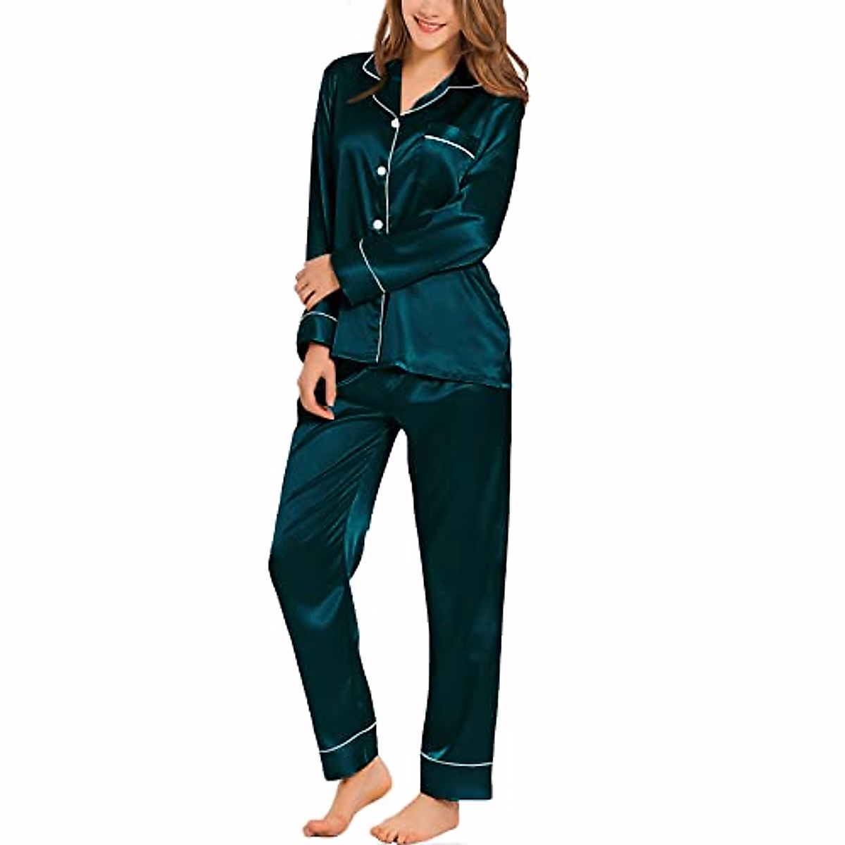 SWOMOG Women's Silk Satin Pajamas Loungewear Two-piece Sleepwear Button-Down Pj Set S-XXL Deep Green