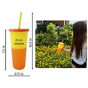 Essential Drinkware 24oz Instant Color Changing Cups Set of 4 Reusable Plastic Tumblers with Screw on Lids and Color Straws