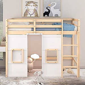 BOVZA Twin Size Loft Bed with Built-in Storage Wardrobe and 2 Windows, Wood Playhouse Loft Bed Frame with High Guard Rails for Kids Boys Girls Teens, Natural+White