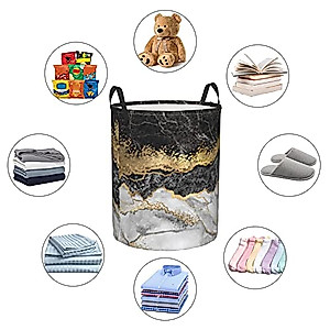 Round Single Black White Gold Foil Marble Dirty Laundry Hamper,Storage Bin Organizer Laundry Hamper Portable Laundry