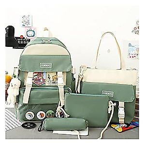 Cute Kawaii Backpack 4Pcs Canvas Backpack Give away bear pendant Pencil Pouch Shoulder Bag Lunch Bag for Girls Boys (one size, Green)