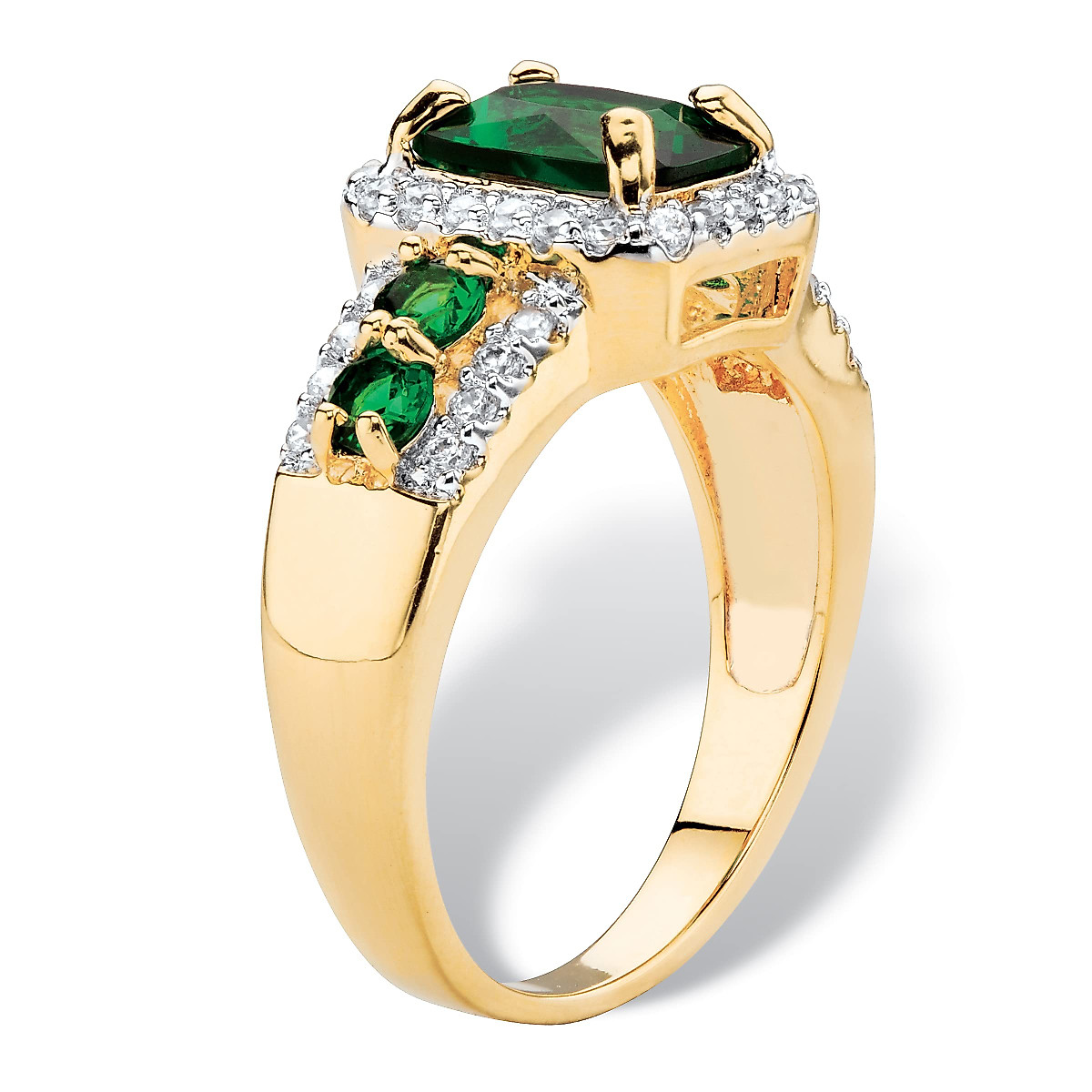 PalmBeach Jewelry Yellow Gold-Plated Emerald Cut Simulated Emerald or Red Ruby and Cubic Zirconia Halo Ring Size 8