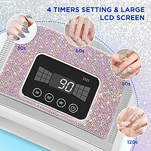 Aedavey Cordless Nail Lamp, 120W Rechargeable UV Nail Lamp for Gel Nails, LED Nail Lamp with 4 Timer Modes, Gel Nail Light Decorate with Sparkling Nail Rhinestones Diamond