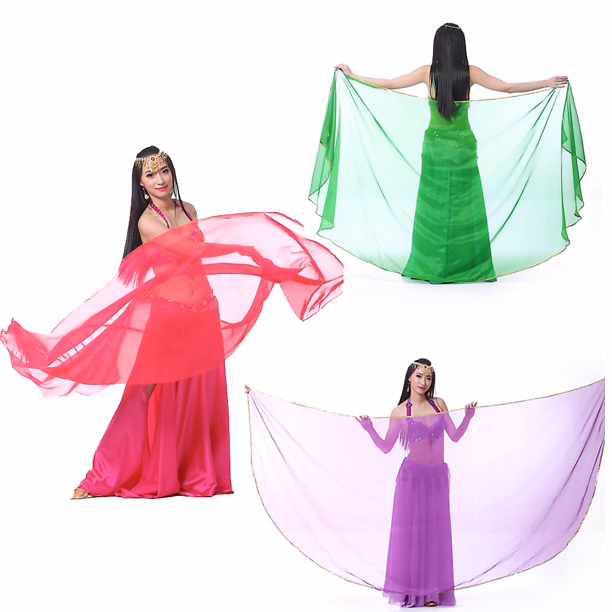 SHOWYOU 98.43" x 47.24" Lightweight Semicircle Chiffon Veil Belly Dance Scarf Blue Veil Scarf Shawls Trimed Gold Sequence (BLUE)