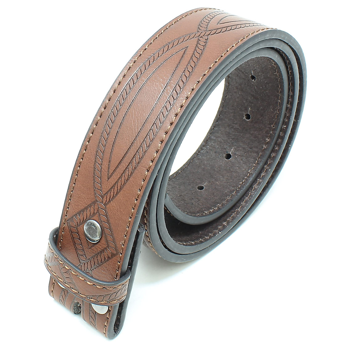 BC Belts Leather Belt Strap with Fancy Saddle Stitch Embossed Pattern 1.5" Wide with Snaps (Brown-S)