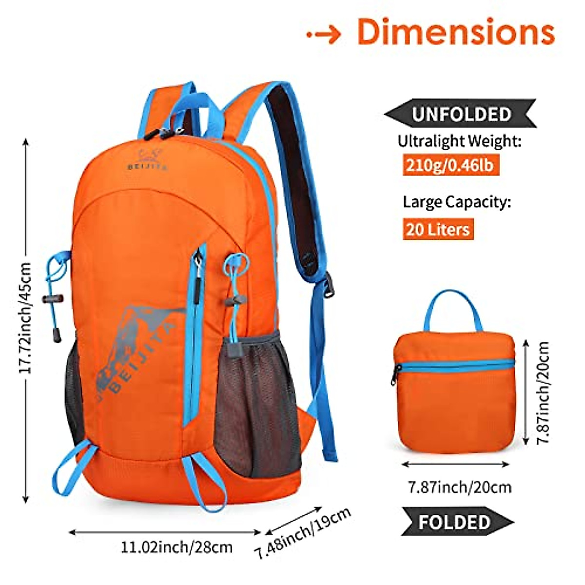 BEIJITA 20L Lightweight Hiking Backpack, Foldable Waterproof Back Pack, Packable Small Travel Backpack for Men, Ultra Lightweight Backpack for Women Men(Orange)