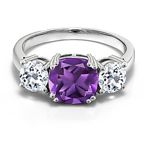 Gem Stone King 925 Sterling Silver Purple Amethyst and White Topaz 3 Stone Engagement Ring For Women (3.30 Cttw, Gemstone February Birthstone, Cushion 8MM, Size 9)