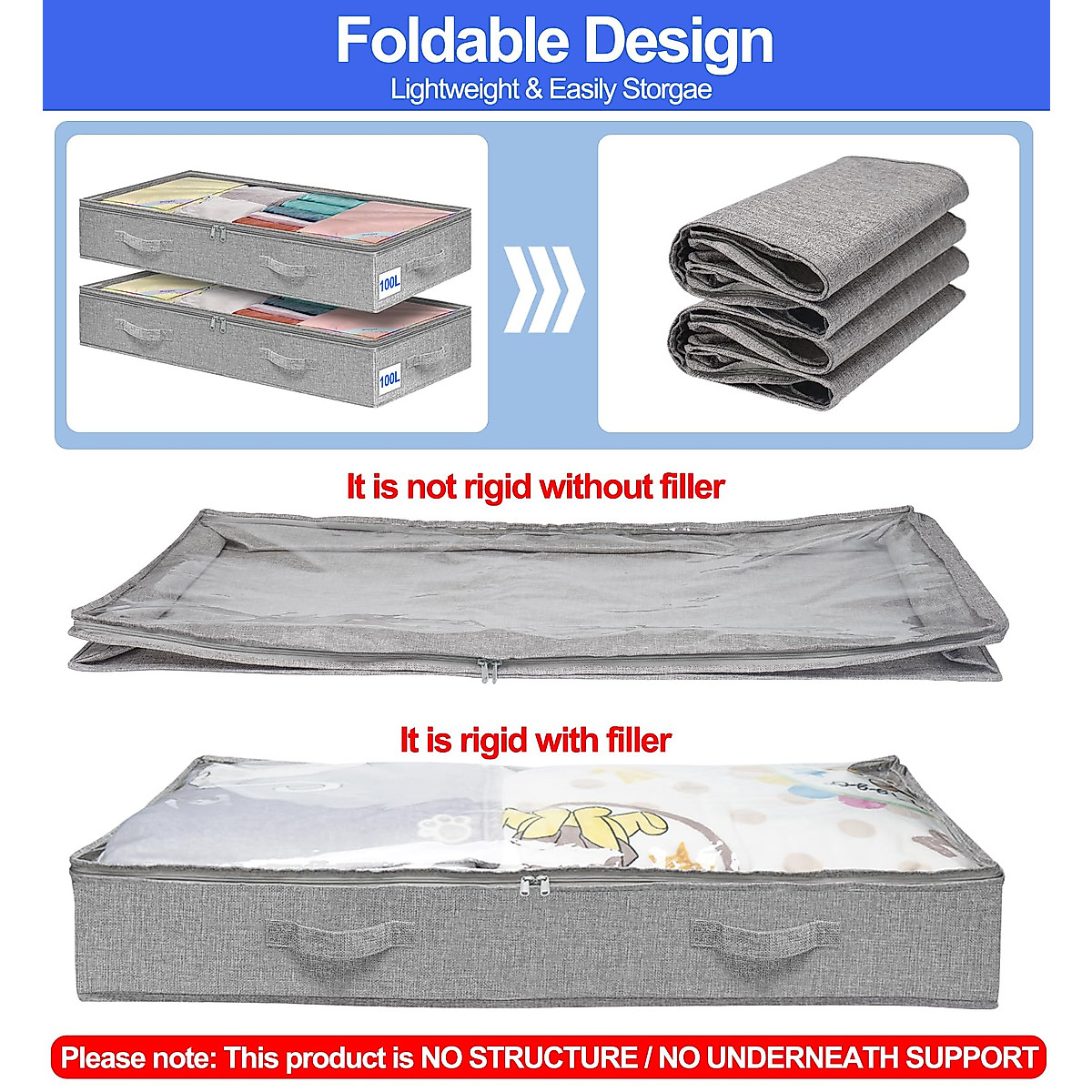 punemi 100L Under Bed Storage Containers, Extra Large Foldable Underbed Zipper Storage Bag For Blankets Clothes Comforters Organizer, Fabric Long Flat Storage Bins With Lids For College Dorm, 4 Pack