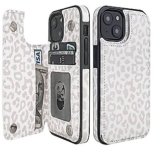 HAOPINSH for iPhone 13 Mini Case Wallet with Card Holder, White Leopard Cheetah Print Back Flip Folio PU Leather Kickstand Card Slots Case for Women Girls, Double Magnetic Clasp Shockproof Cover 5.4"
