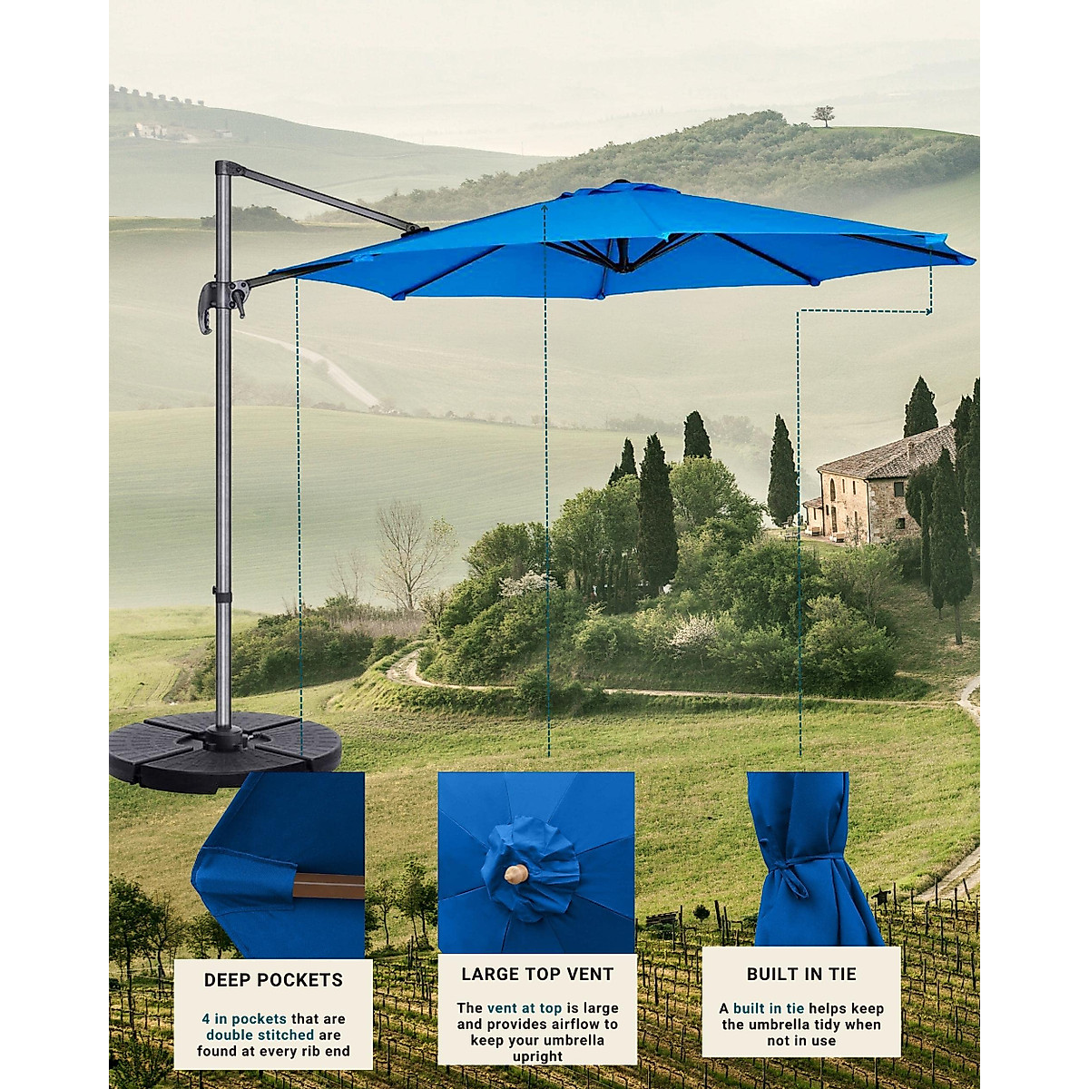 Formosa Covers Replacement Umbrella Canopy for 11ft 8 Rib Supported Bar Cantilever Market Outdoor Patio in Capri Blue Rib Length 64" to 66" Premium Vibrant Olefin Fabric (Canopy Only) (11ft 8 ribs)